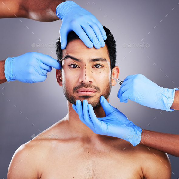 Plastic surgery, hands and drawing with filler portrait of man and ...