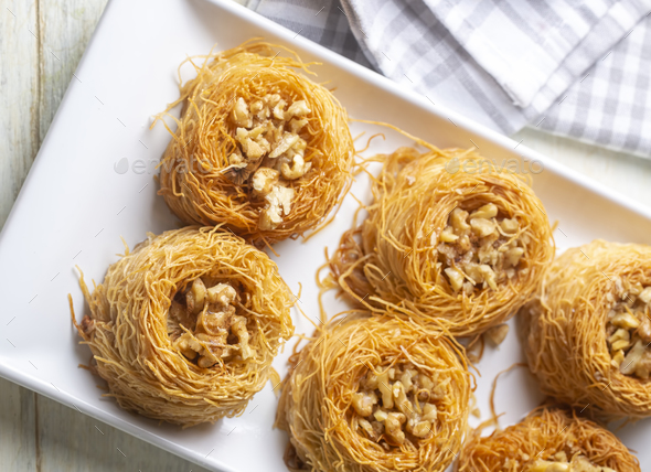 Traditional delicious Turkish food; walnut kadayif, Turkish name; kase ...