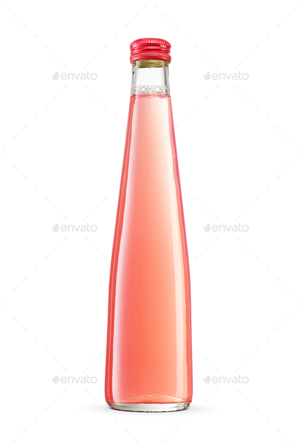 Pink soda sparkling water in a glass bottle with twist off screw cap ...