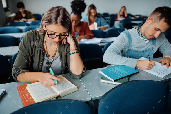 College students learning while attending a lecture in the classroom ...