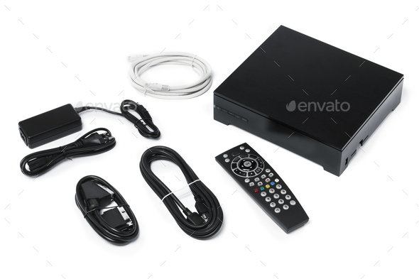 Tv decoder and remote control set isolated on white. Receiver Stock ...