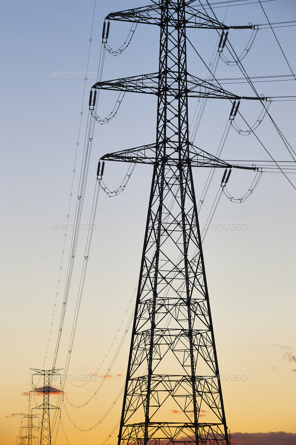 Power line tower. Energy industry. Industrial electricity distribution ...