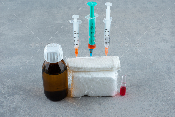 Medical ethanol with syringe on white background Stock Photo by 13people