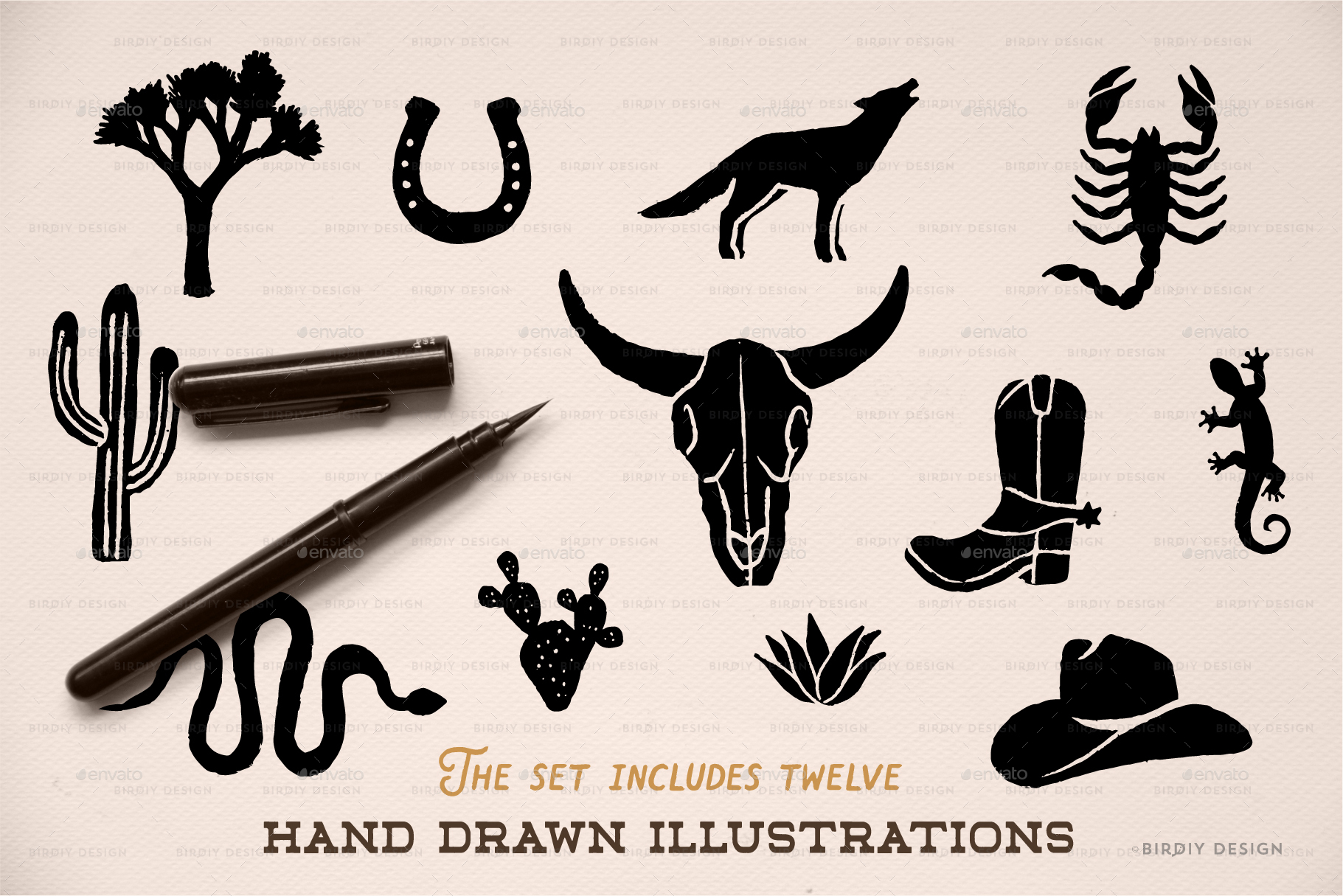 Desert Icons Hand Drawn Graphics Set, Icons | GraphicRiver