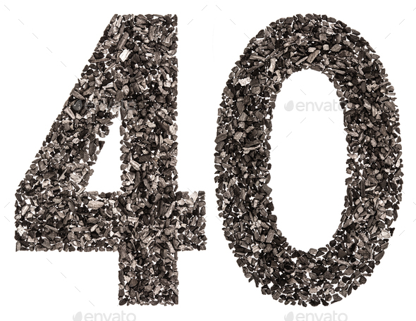 Arabic numeral 40, forty, from black a natural charcoal, isolated on ...