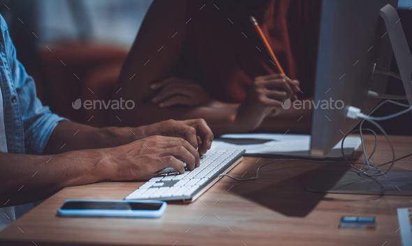 Teamwork of Freelance Businessman Using Computer Working Overtime with ...