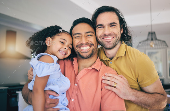 LGBT, portrait and girl child hug parents, happy and smile while ...