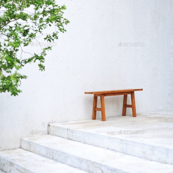 Wood bench with white wall for background texture concept. Stock Photo ...