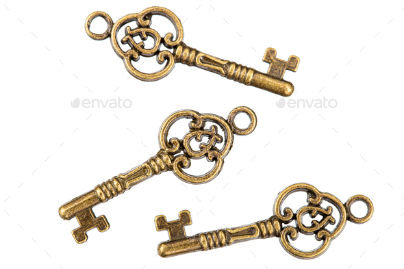 Set of bronze keys, decorative element for design, isolated on white ...