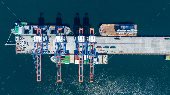 Cargo container Ship running on Bridge Cargo Shipyard. Container Stock ...