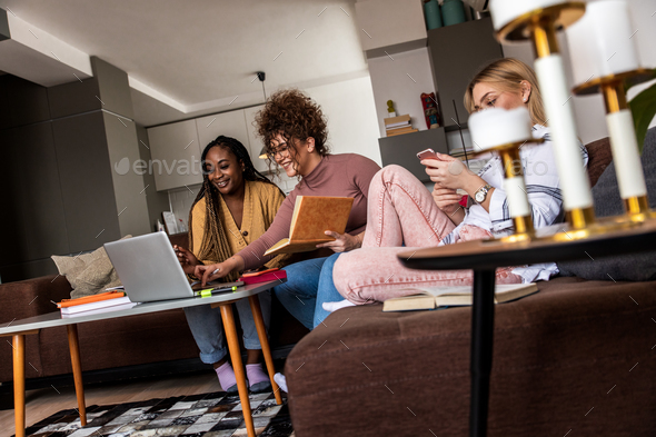 Diverse group female students learning at home using laptop and books ...