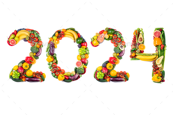 New year 2024 food trends. New Year 2024 made of vegetables, fruits and ...