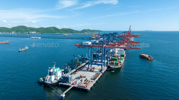 Cargo container Ship running on Bridge Cargo Shipyard. Container ship ...