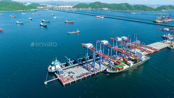 Cargo container Ship running on Bridge Cargo Shipyard. Container ship ...