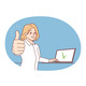 Smiling Woman Working on Laptop Showing Thumb Up, Vectors | GraphicRiver