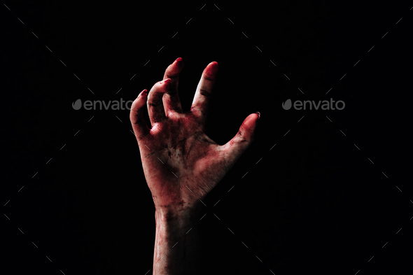 Hand zombie death with blood touching stair on nightmare darkness ...
