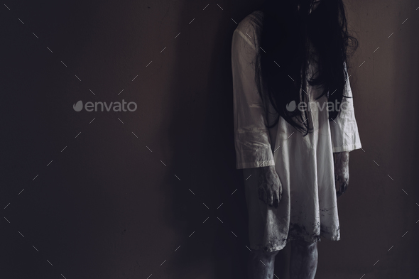 Horror scene of ghost woman death movie halloween festival in the dark ...