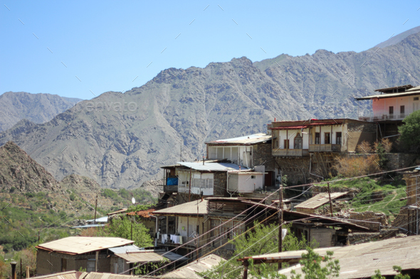 Traditional old village with trees and wire lines on the background of ...