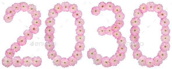 Inscription 2030, from natural pink flowers of almond tree, isolated on ...