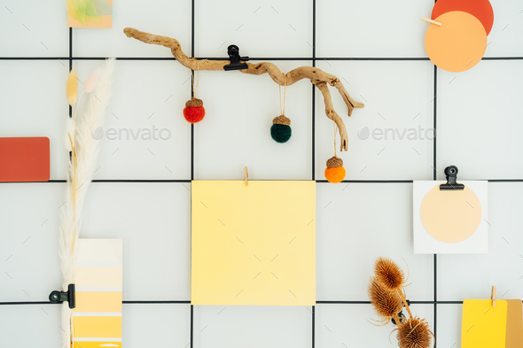 Close up grid mood board with fall colors palette notes and mockups ...