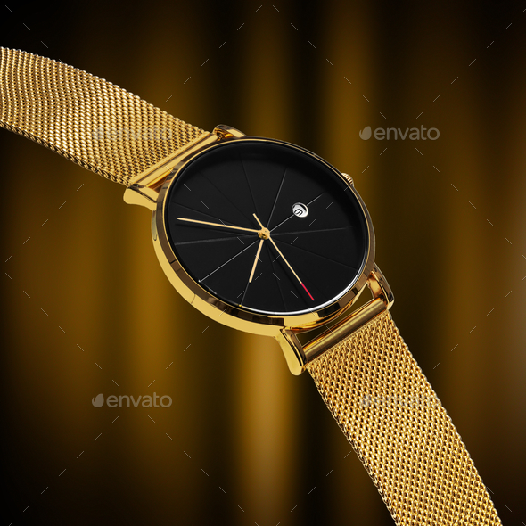 Photo of a watch with golden metal strap isolated on gold gradient ...
