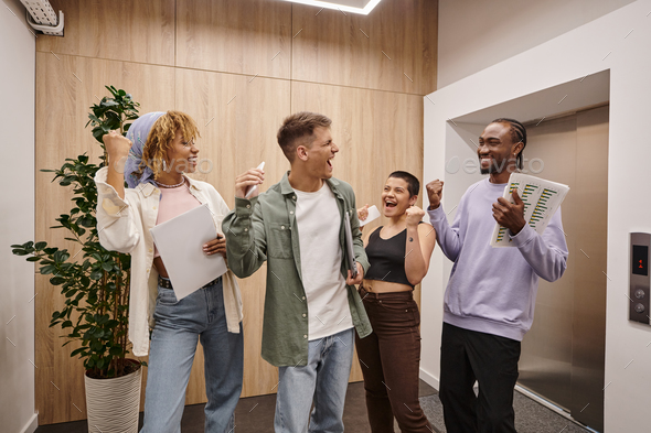 diversity, happy business people holding gadgets, coworking, startup ...