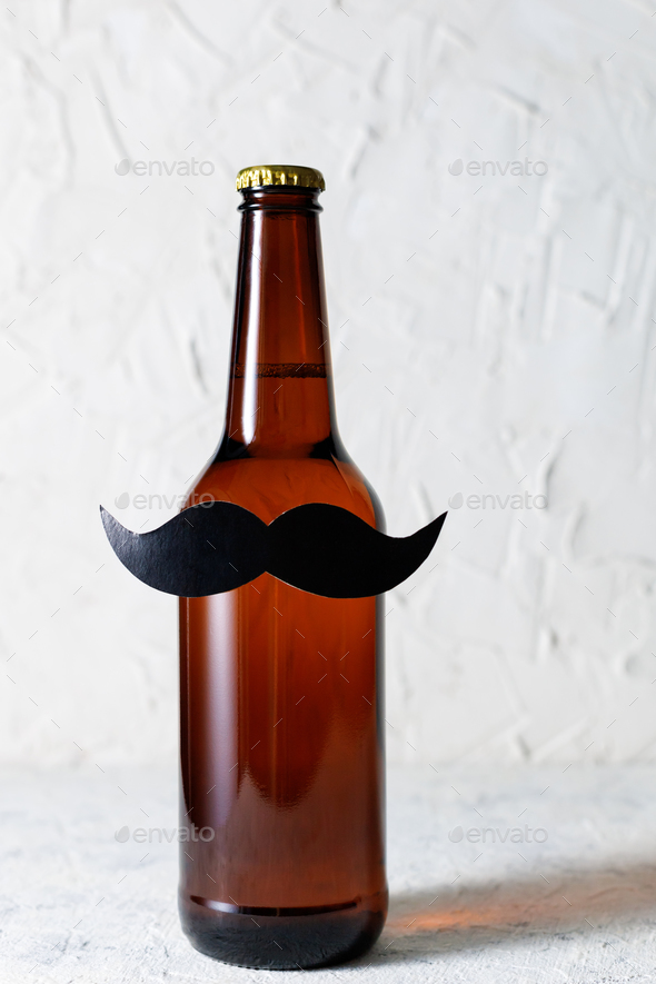 Bottle of beer with moustache. Movember. Concept of father's day ...