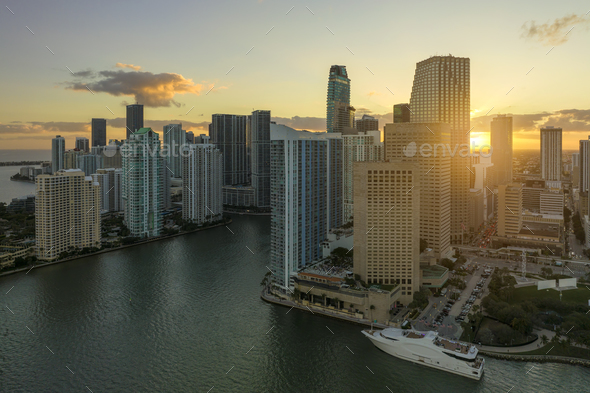View from above of high skyscraper buildings in downtown district of ...