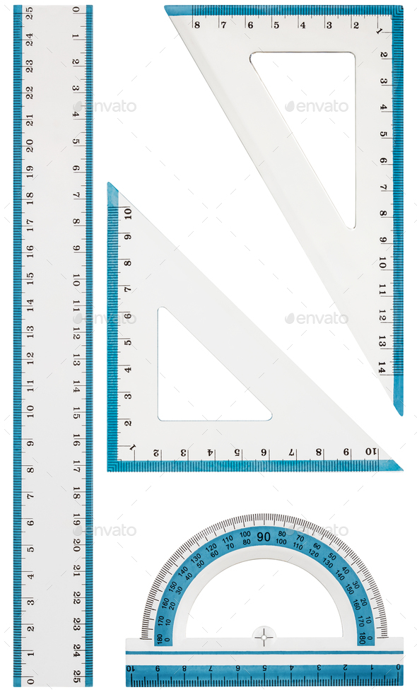 Set of drawing tools, ruler, protractor triangle, isolated on white ...