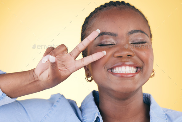 Happy, peace sign and face of black woman in studio smile for confident ...