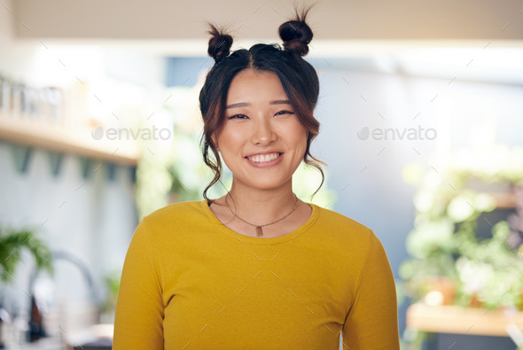 Asian, woman and happy portrait in home with happiness of cool gen z ...