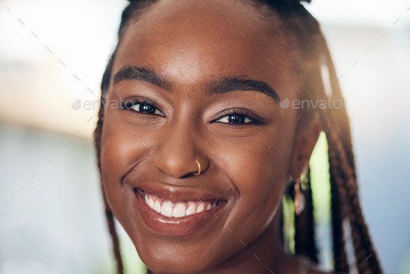 Smile, face and portrait of a young black woman with makeup, happiness ...