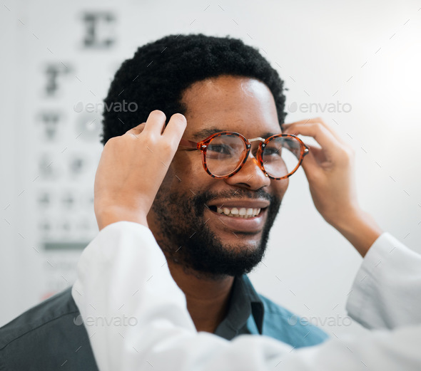 Black man, glasses and hands, vision and eye care, test and optometry ...