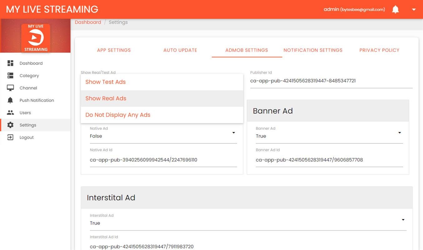 My Streaming Android App with Admin Panel (Android 14 Support) by bytesbee