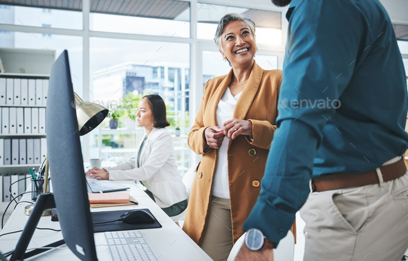 Coaching, smile and teamwork with business people in office for ...