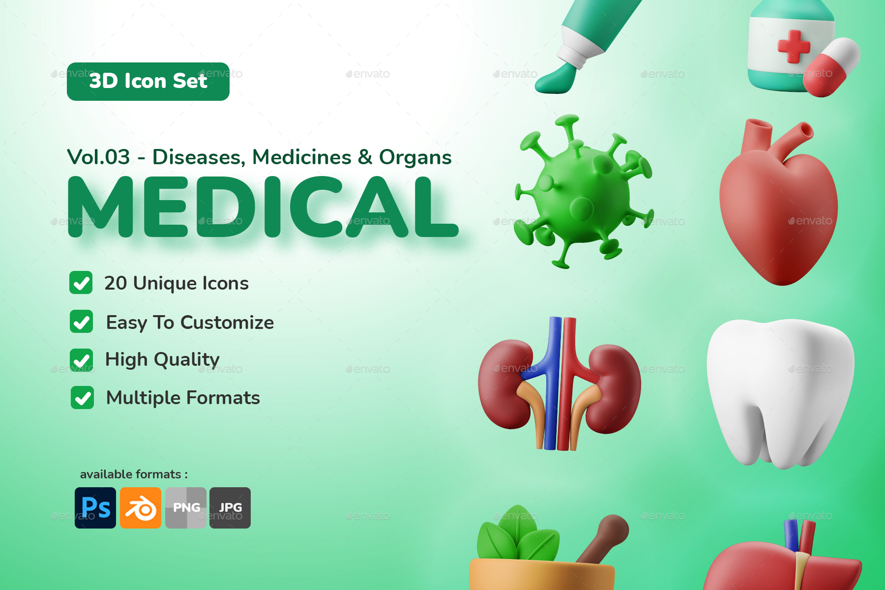 3D Icon Pack - Medical - Vol.03 - Organs, Disease & Medicine, Icons