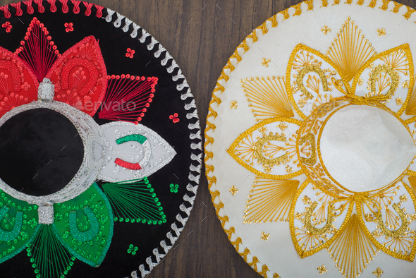Mexican charro hats on wooden table. Mariachi hats. Typical mexican ...