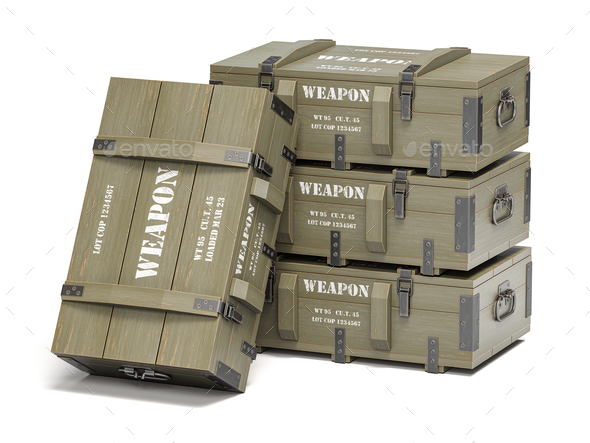 Military wooden crates with weapon and army ammunition isolated on ...