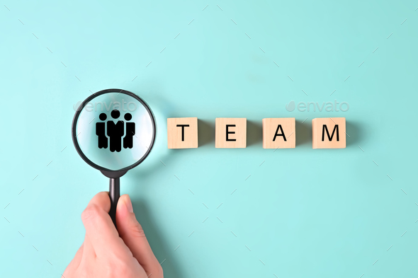 Wooden block with teamwork employees business icons, People with smart ...