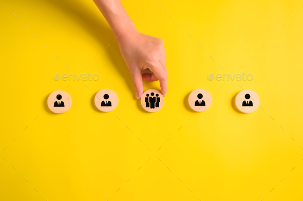 Wooden block with teamwork employees business icons, People with smart ...