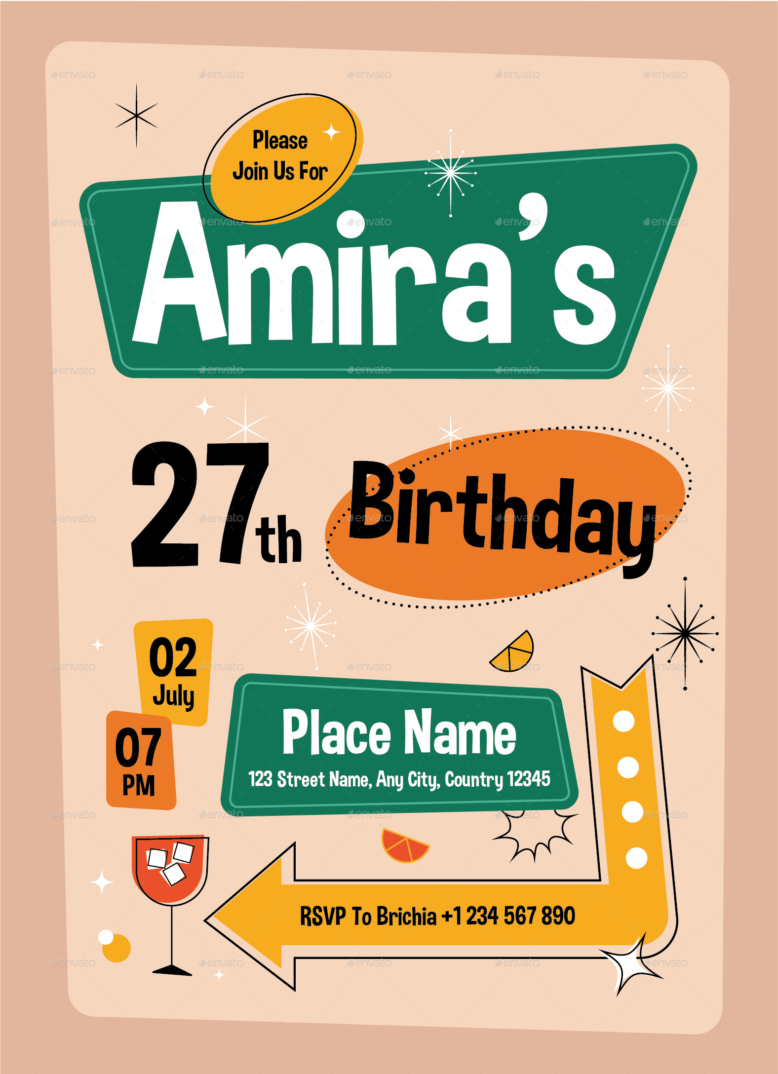 Birthday Invitation Mid Century Theme, Print Templates | GraphicRiver