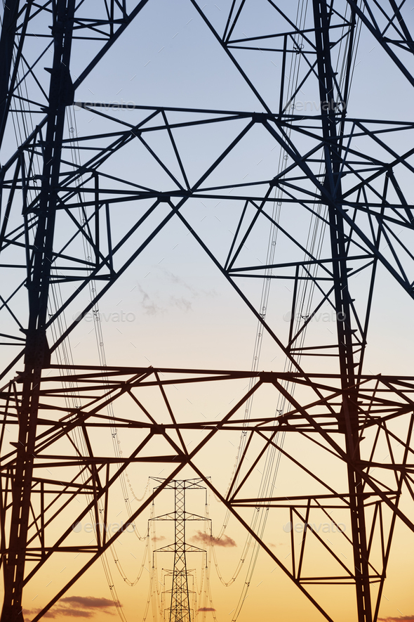 Power line tower. Energy industry. Industrial electricity distribution ...