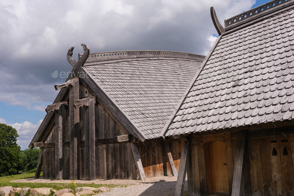 Detail of a wooden construction, inspired by the Viking architecture of ...