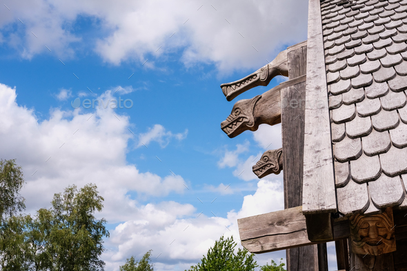 Detail of a wooden construction, inspired by the Viking architecture of ...
