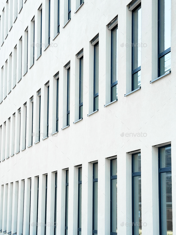 Perspective View To Rows Of Windows On Grey Blue Background In Modern ...
