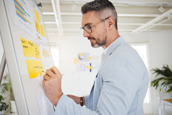 Whiteboard, sticky notes and businessman planning in office ...