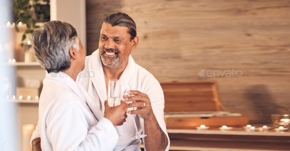Anniversary, spa and senior couple with marriage, celebration and ...