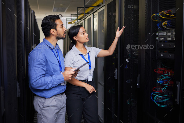 People, data center and engineering teamwork, inspection and ...