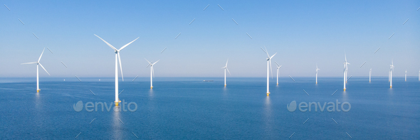 windmill park in the ocean aerial view with wind turbine Flevoland ...