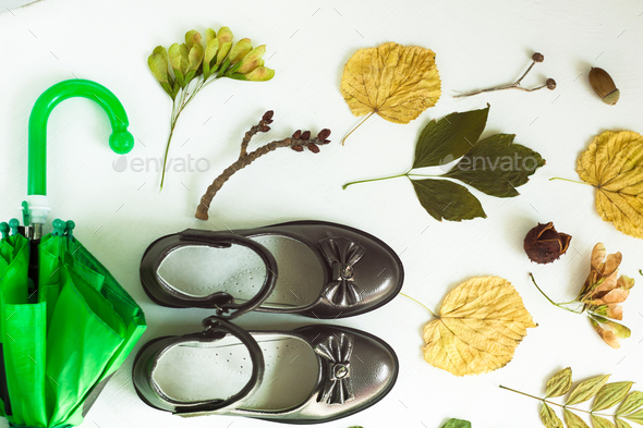 Black girl shoes colorful fall foliage white background top view School ...